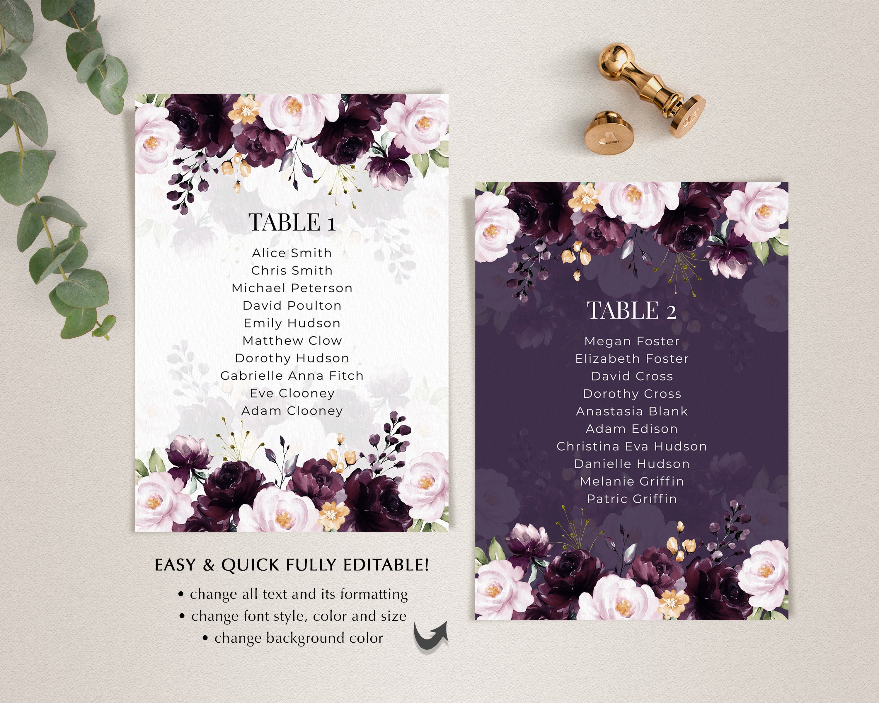 Purple Wedding Seating Table Cards Template • INSTANT DOWNLOAD ...