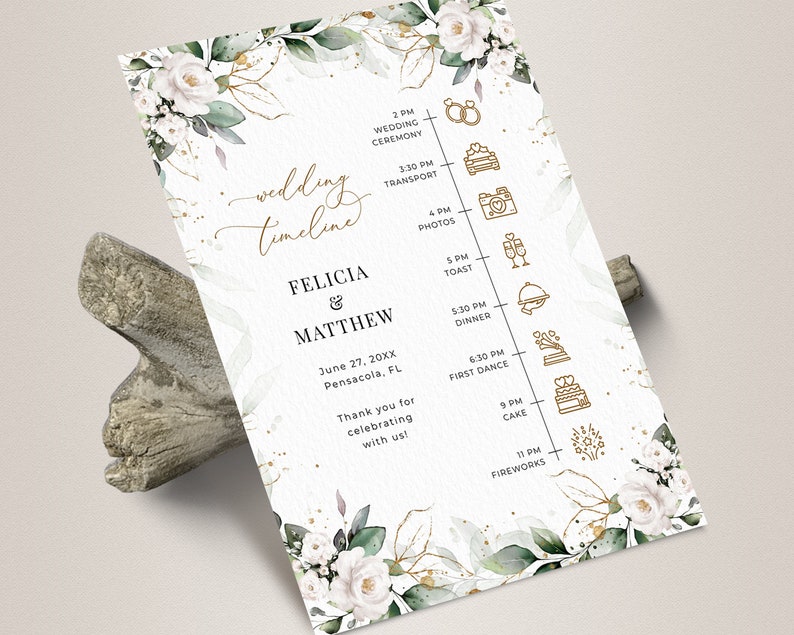 Greenery Wedding Timeline Card Template Wedding Day Schedule | Etsy