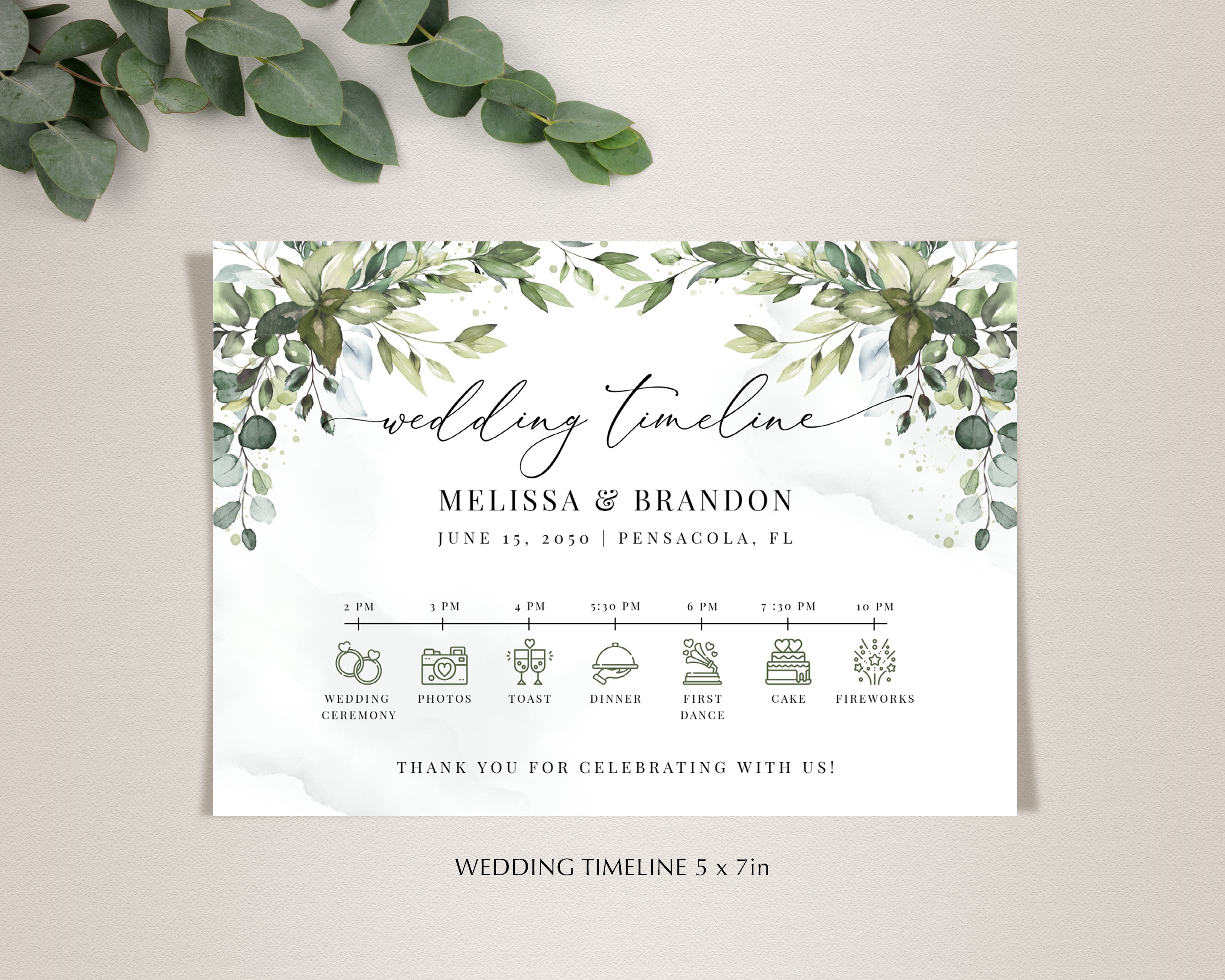 Greenery Wedding Timeline Card Template Wedding Day Schedule | Etsy