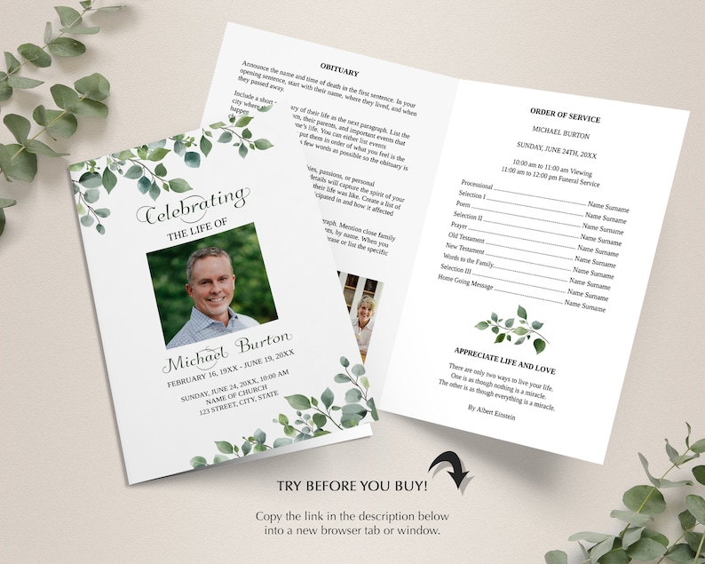Greenery Funeral Program Template Editable Printable - Etsy Australia