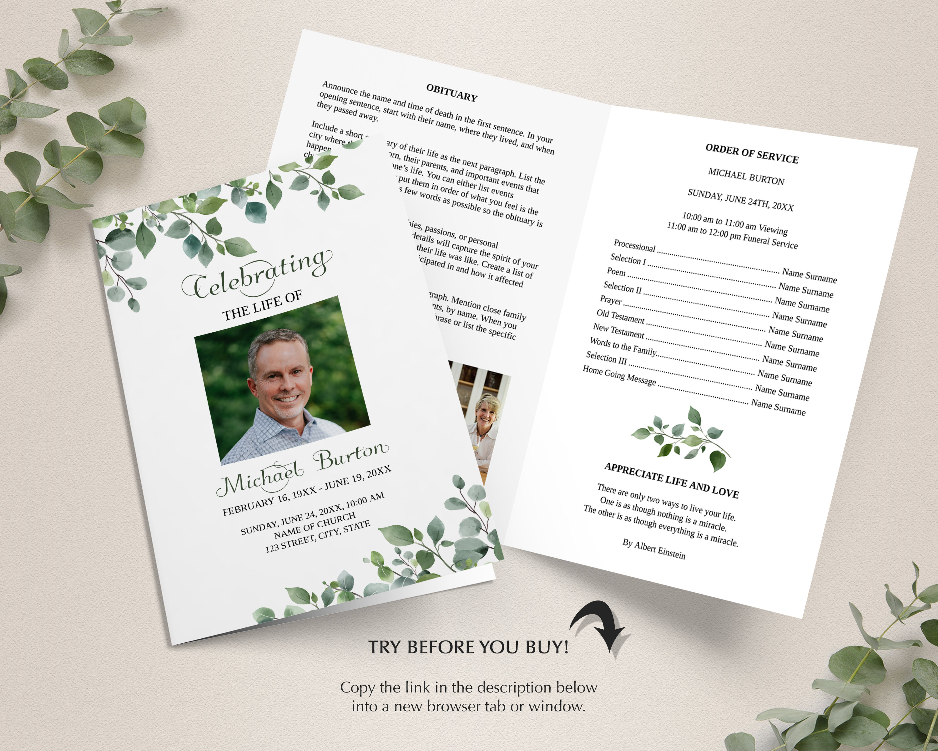 Greenery Funeral Program Template (editable, Printable Digital Download ...