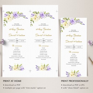Lavender and Pale Yellow Wedding Program Template, Wedding Order of ...