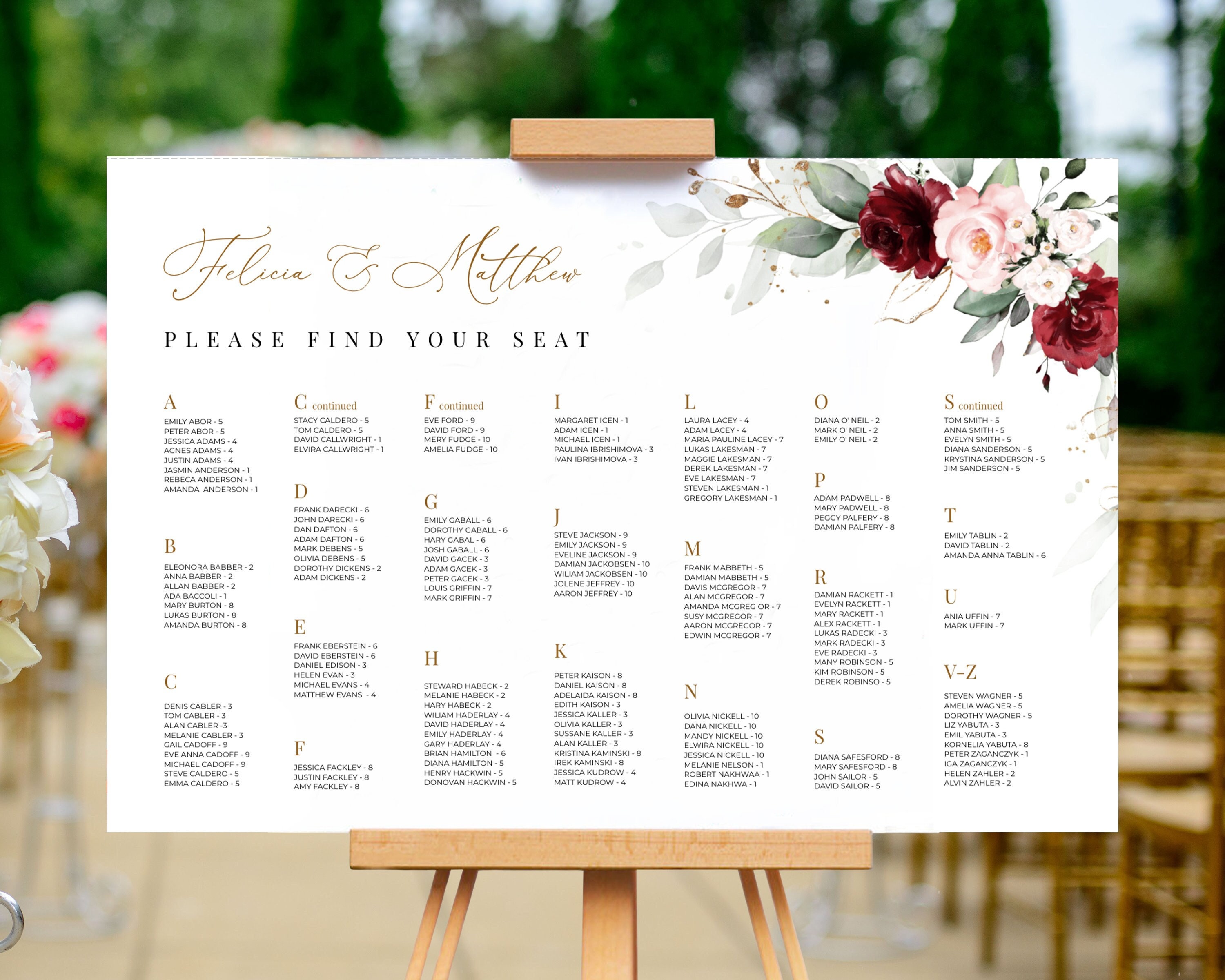 Alphabetical Wedding Seating Chart Template With Burgundy and | Etsy