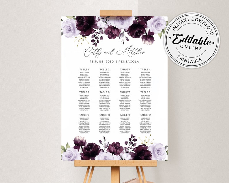 Purple Floral Wedding Seating Chart Template (instant Download) A124 - Etsy