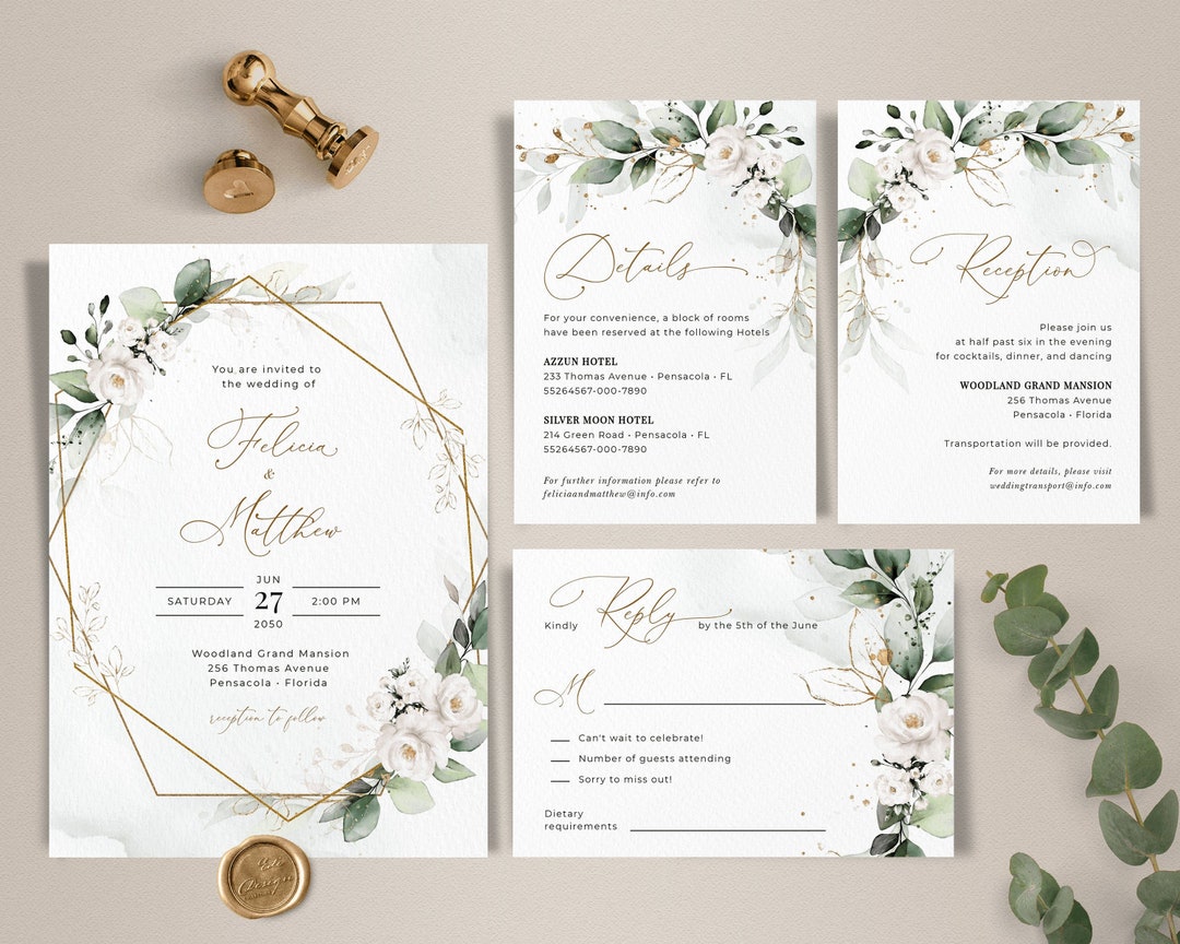 Greenery Wedding Invitation Template Set, Greenery Wedding Invite With ...