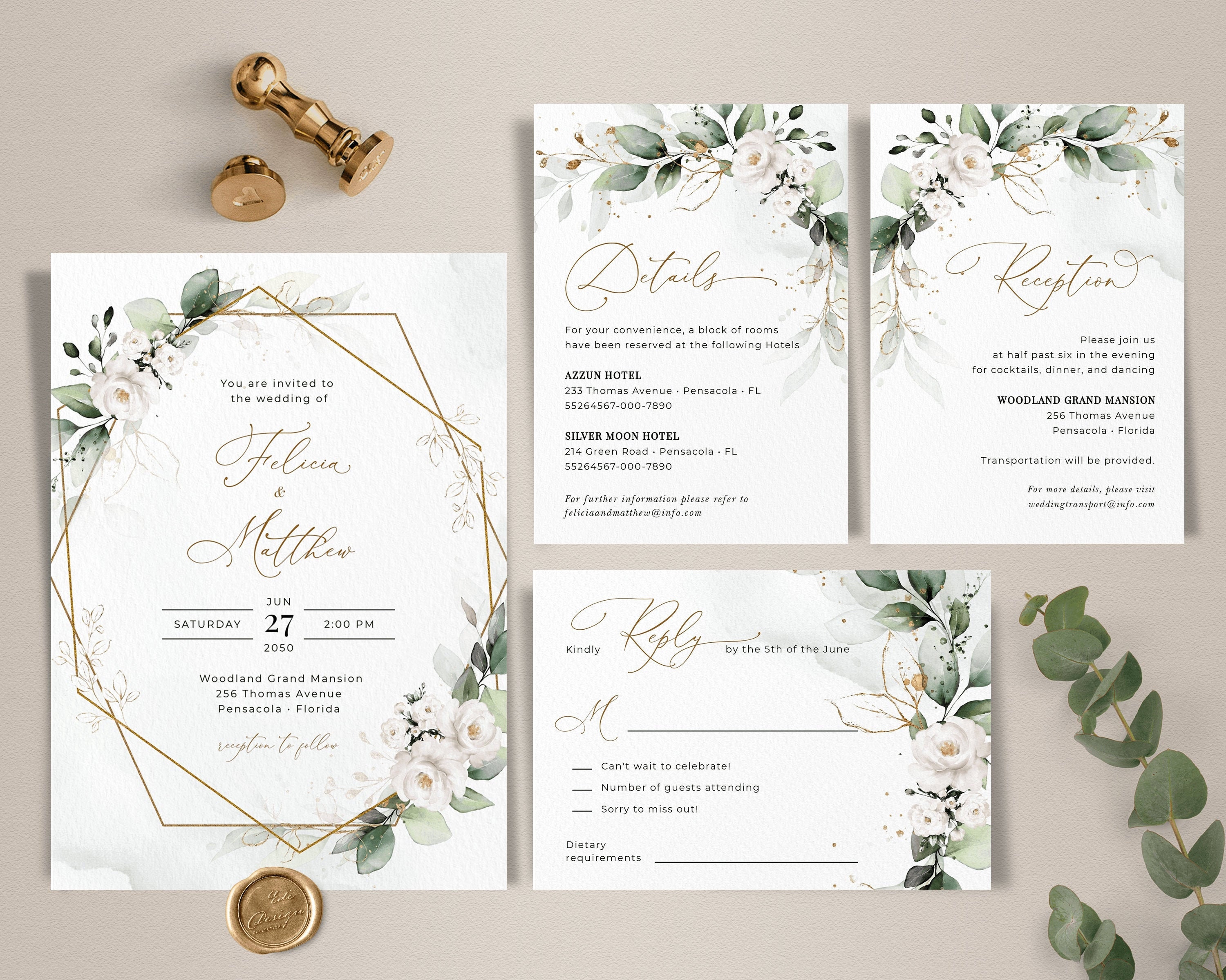 Greenery Wedding Invitation Template Set Greenery Wedding | Etsy