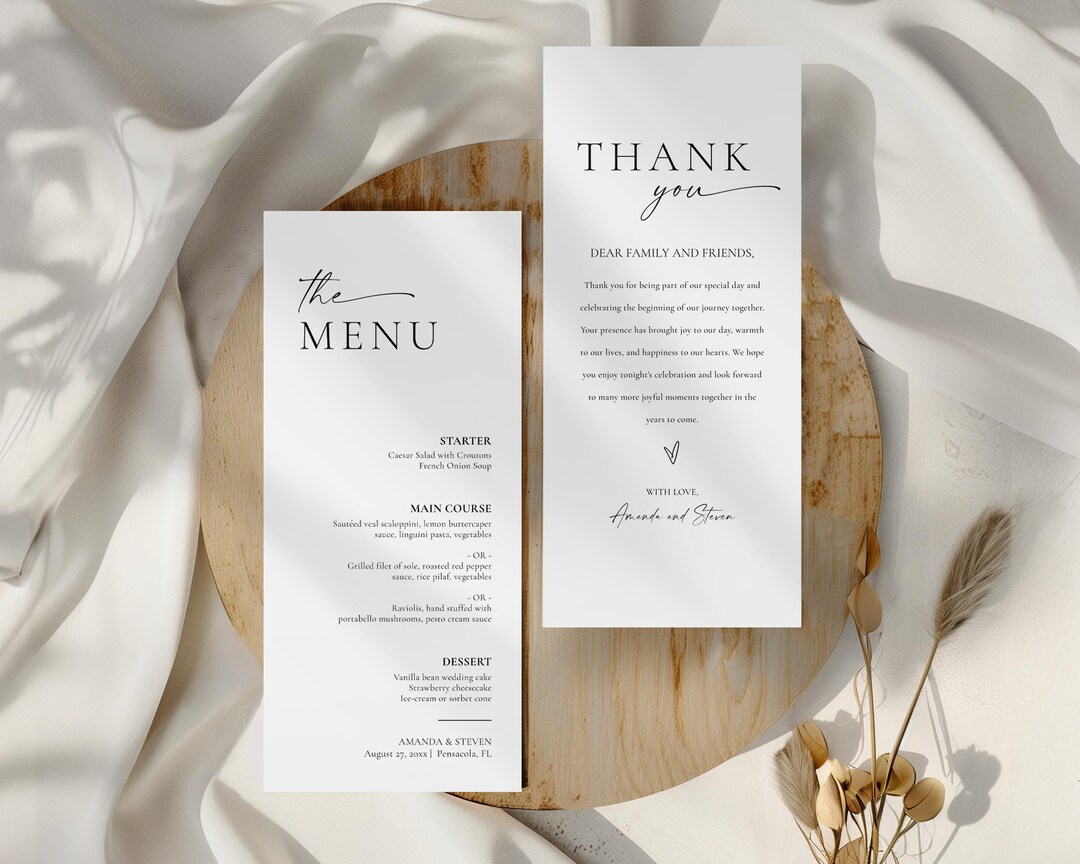 Modern Menu Template, Double Sided Menu With Thank You Note • INSTANT ...