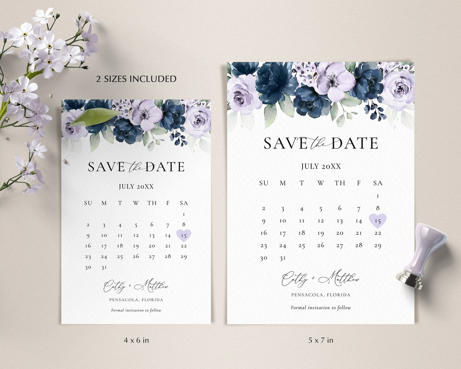 Lavender and Navy Blue Calendar Wedding Save the Date Template INSTANT ...