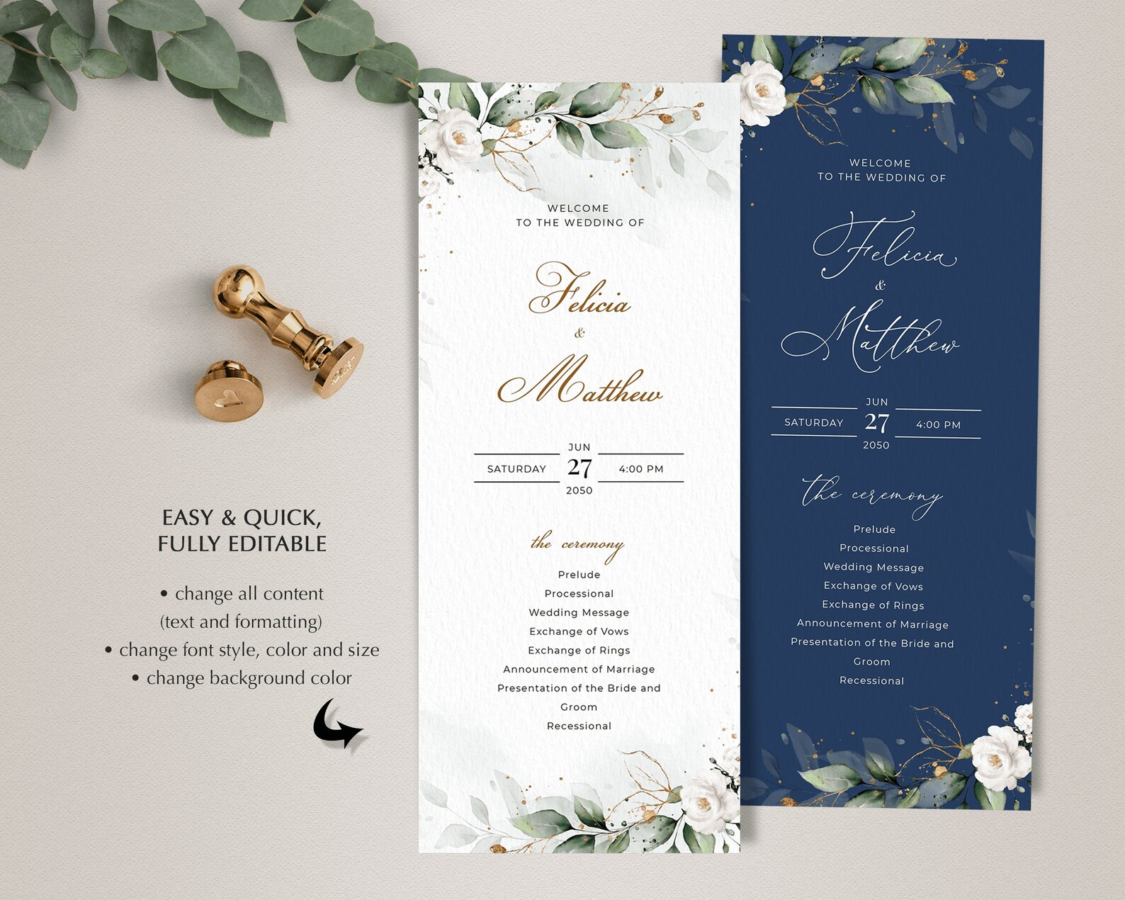 Boho Greenery Wedding Program Template With White Roses • INSTANT ...