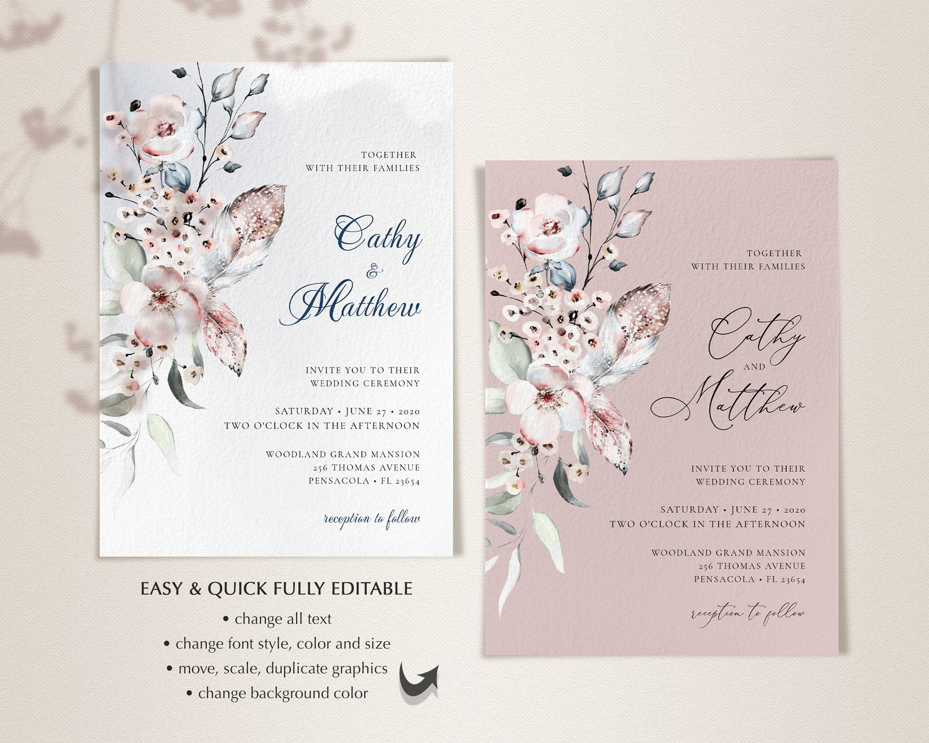 Boho Rustic Wedding Invitation Template Suite Wedding Invite | Etsy