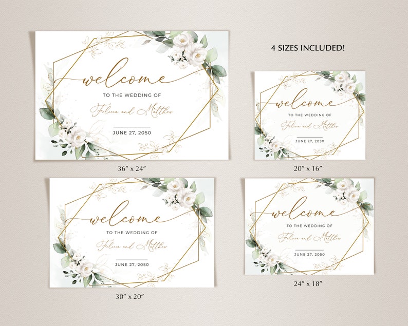 Boho Greenery Wedding Welcome Sign Template with White Roses | Etsy