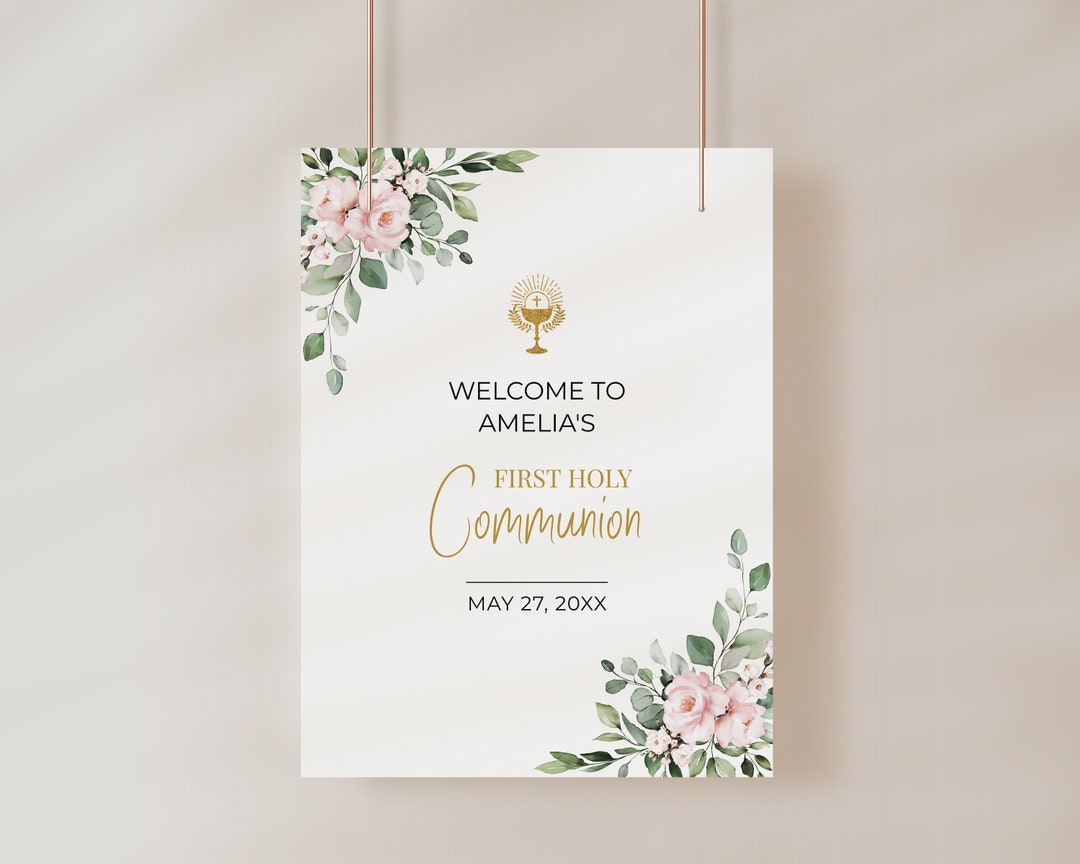First Holy Communion Welcome Sign Template With Greenery and Pink Roses ...