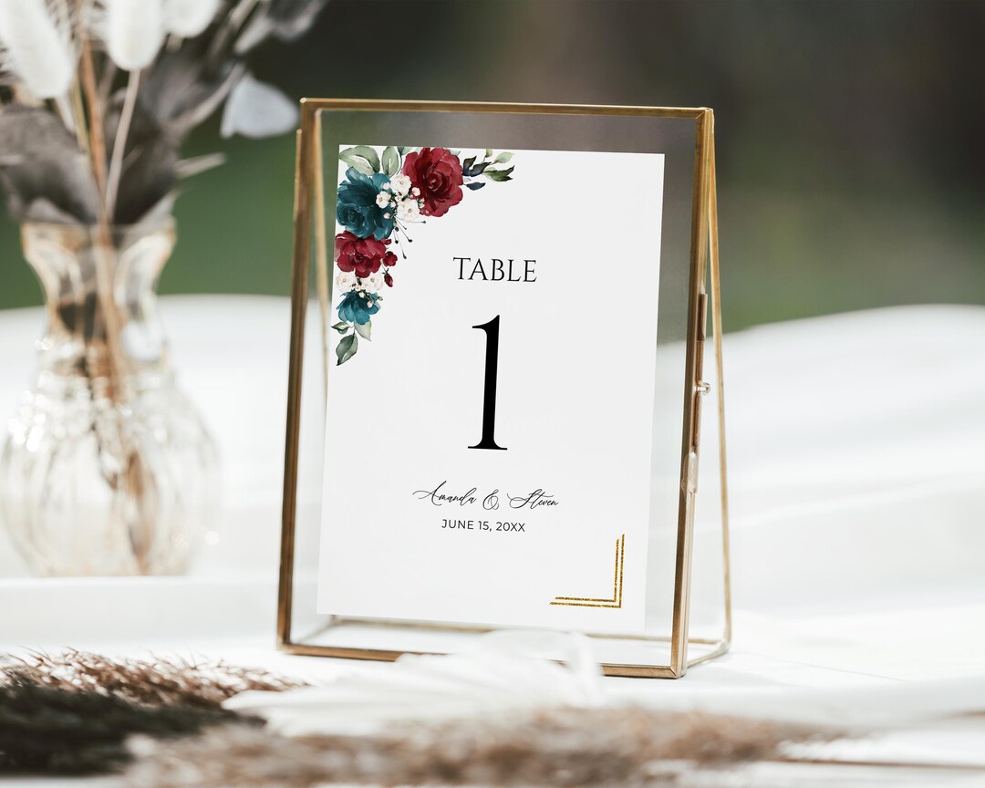 Burgundy and Dark Teal Table Numbers Template • INSTANT DOWNLOAD ...