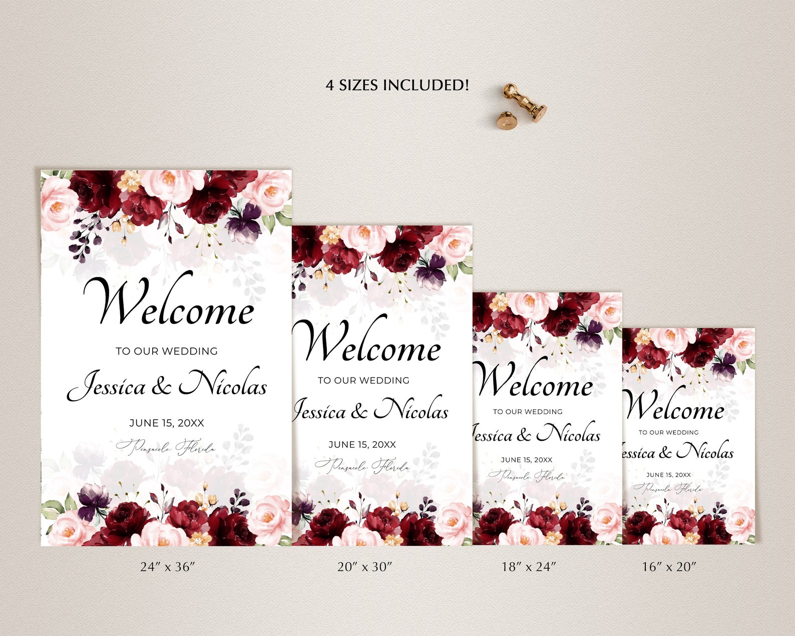 Burgundy Wedding Welcome Sign Template, Floral Marsala Wedding Welcome ...