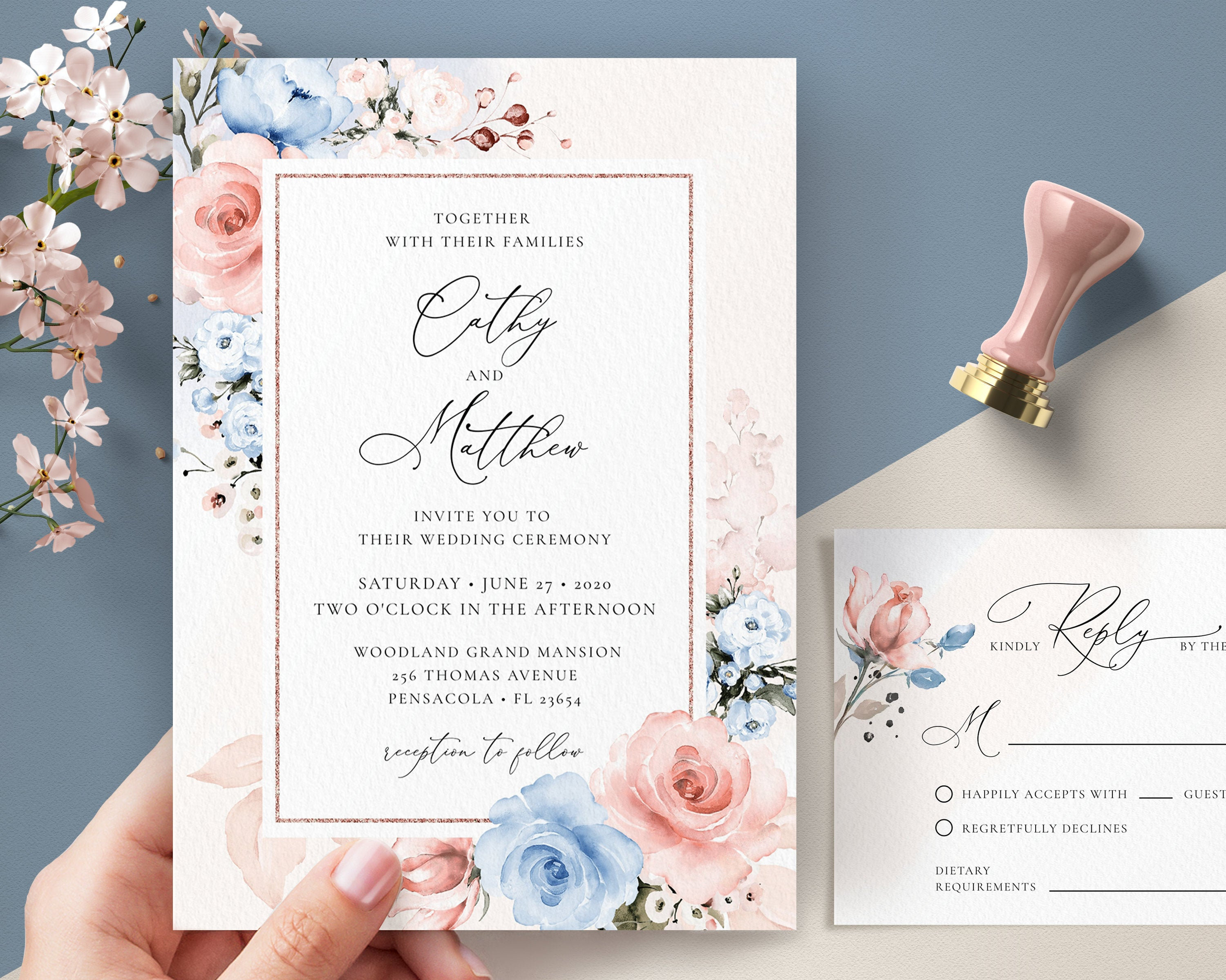 Editable Template Dusty Blue And Blush Elegant Wedding Invitation Suite 