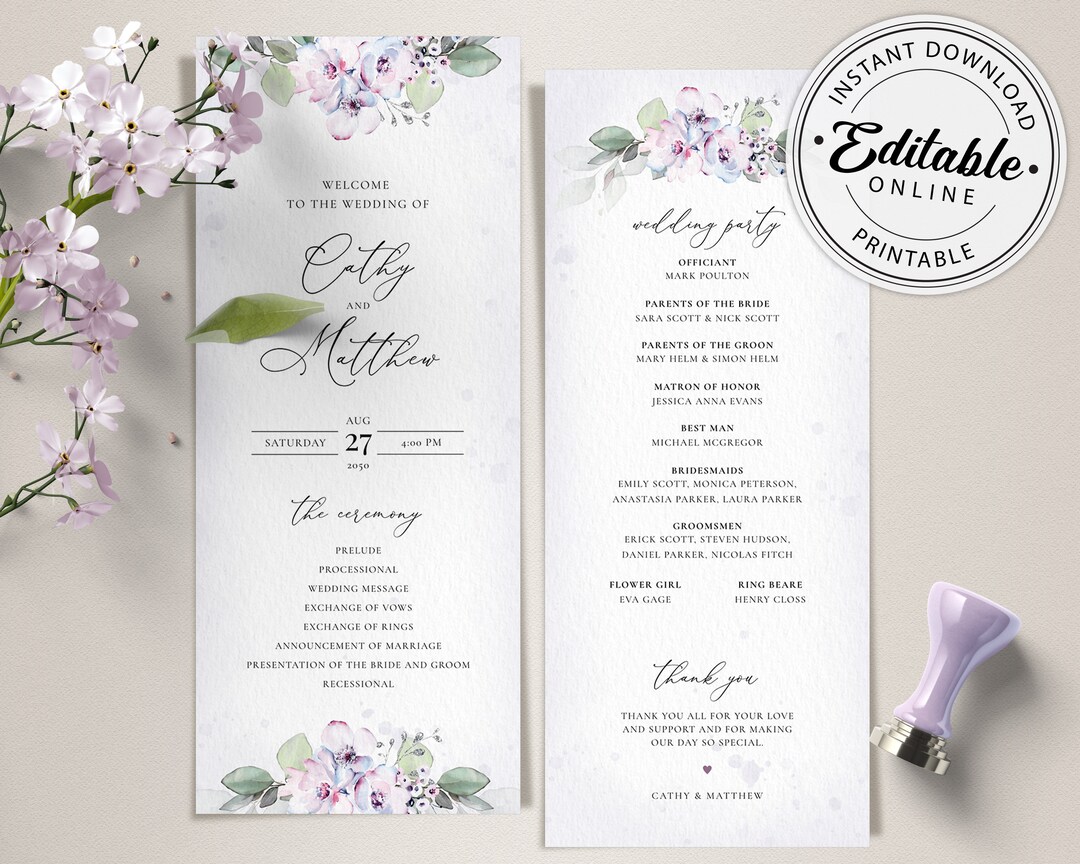 Lavender Wedding Program Template, Floral Program Template With ...