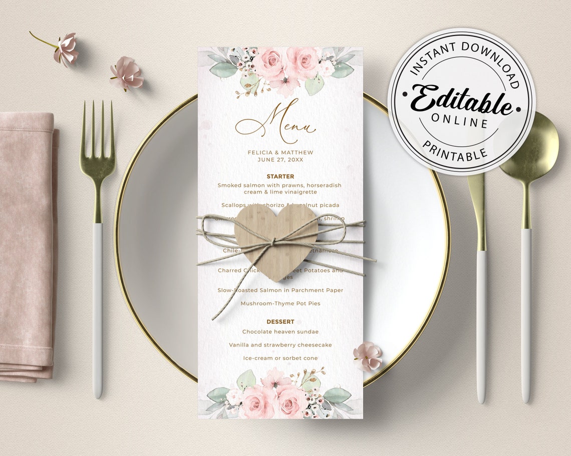 Menu Template With Pink Roses wedding Bridal Shower - Etsy