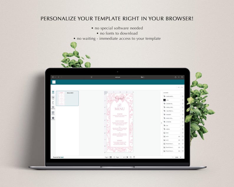 Pink Toile Menu Template, Double Sided Menu With Thank You Note • INSTANT DOWNLOAD • Editable ...