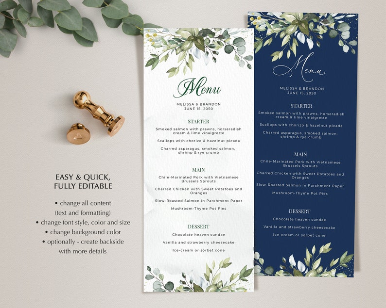 Greenery Menu Template With Eucalyptus wedding Bridal - Etsy