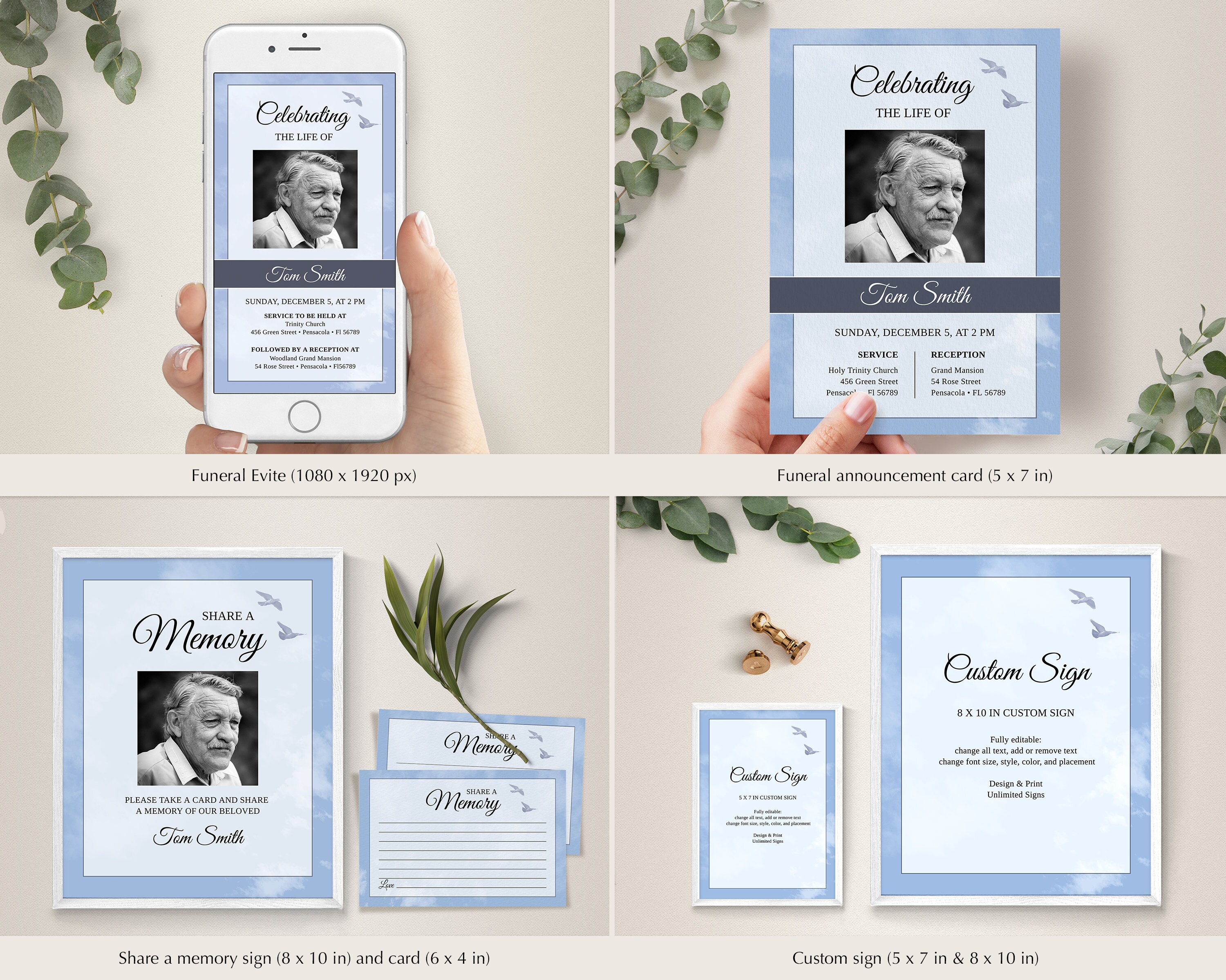 Blue Funeral Templates Bundle Funeral Memory Package | Etsy