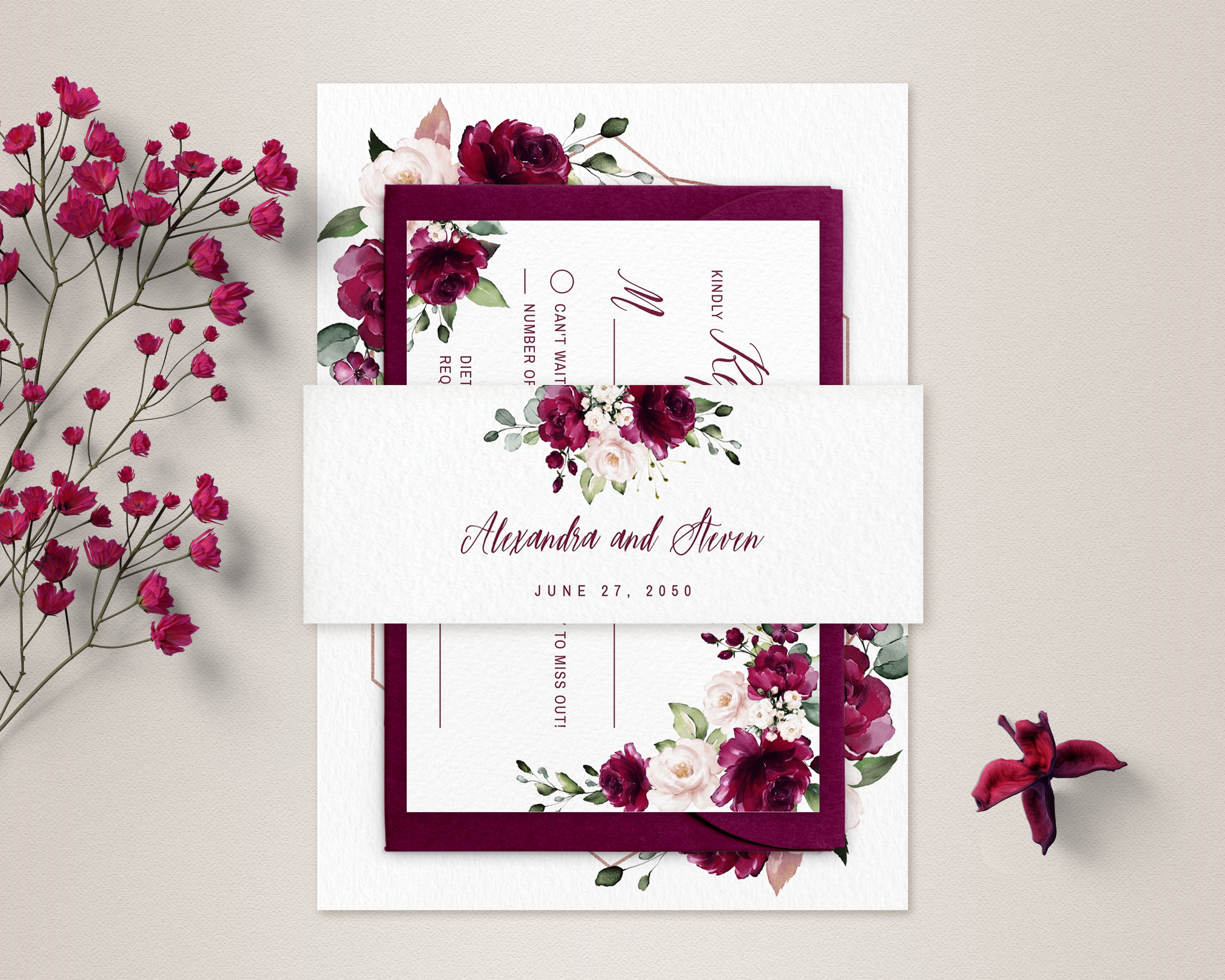 Burgundy Floral Wedding Invitation Template Set Wedding - Etsy UK