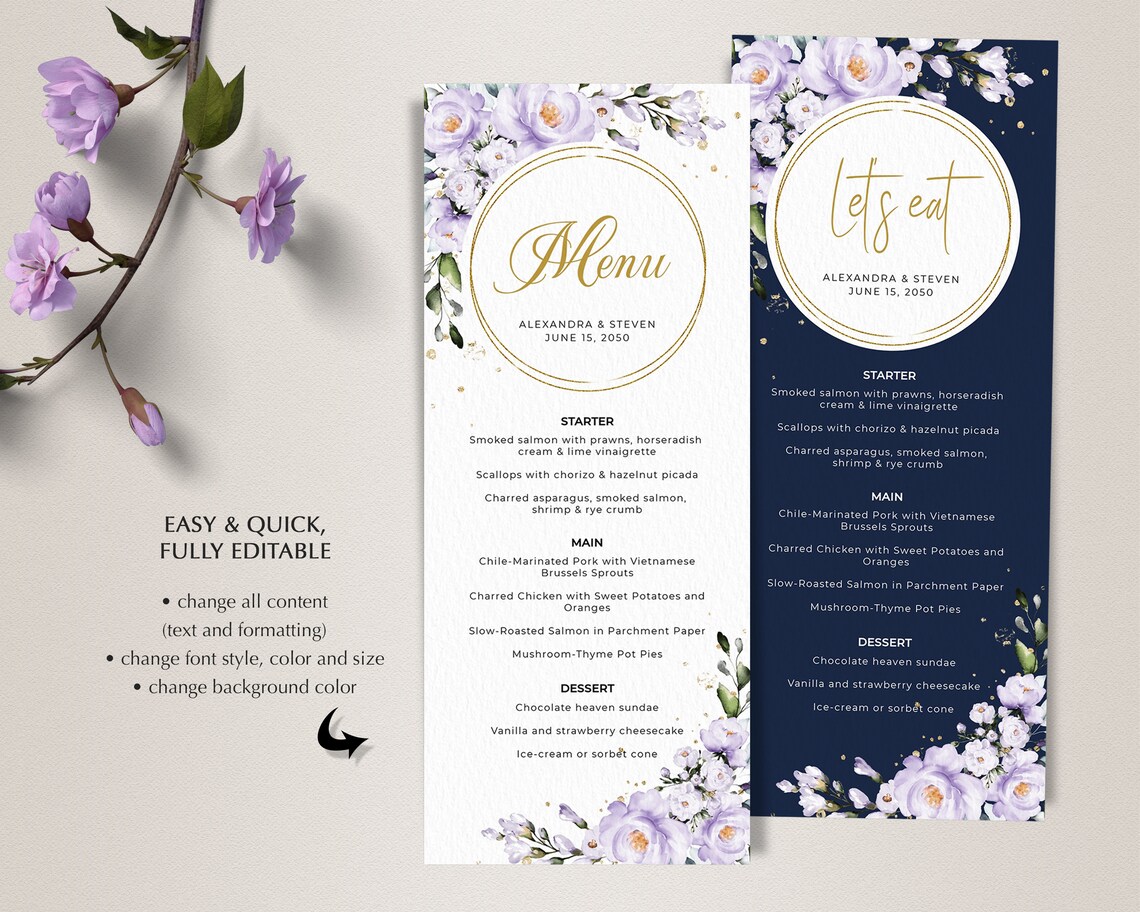 Lavender Menu Template wedding Bridal Shower Dinner | Etsy