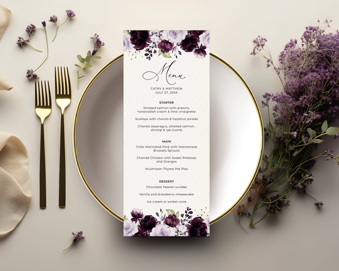 Purple Menu Template wedding Bridal Shower Dinner Brunch - Etsy