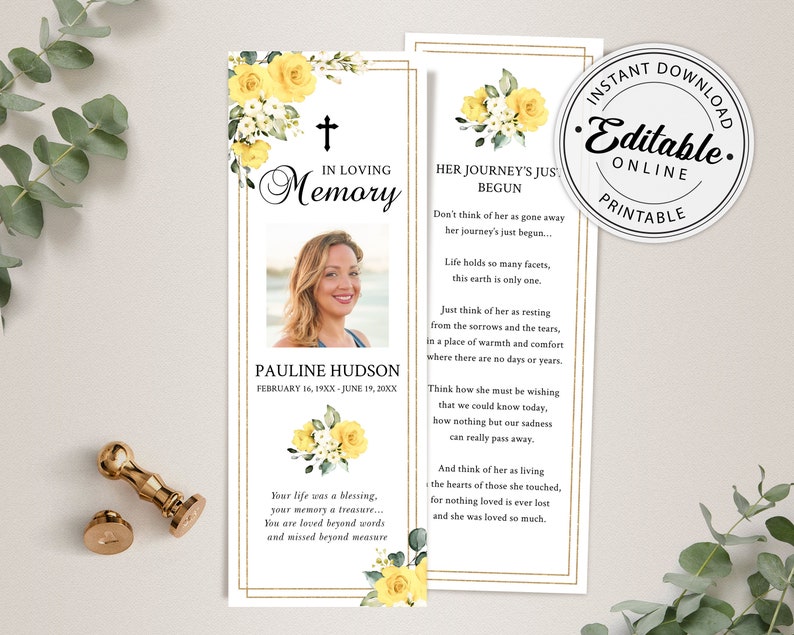 Yellow Funeral Bookmark Template Keepsake Card Template - Etsy