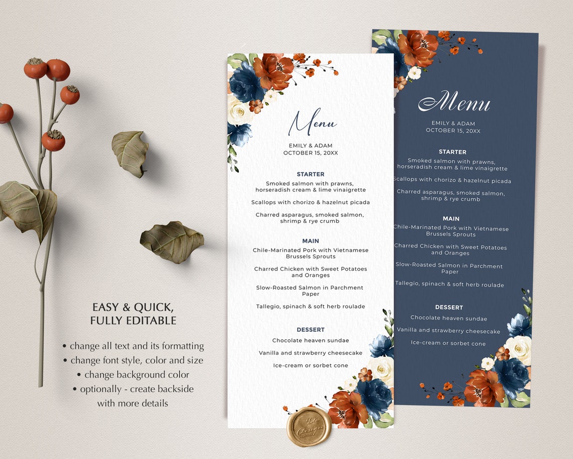 Terracotta, Navy Blue and Ivory Menu Template (wedding, Bridal Shower ...