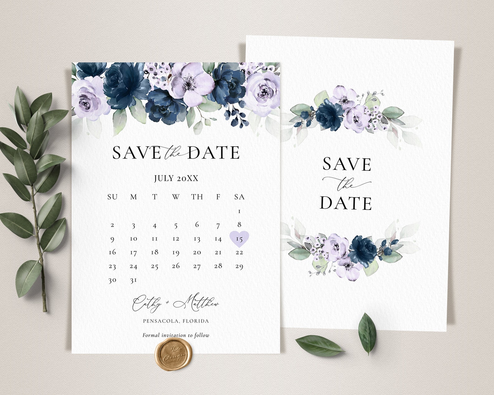 Lavender and Navy Blue Calendar Wedding Save the Date Template INSTANT ...