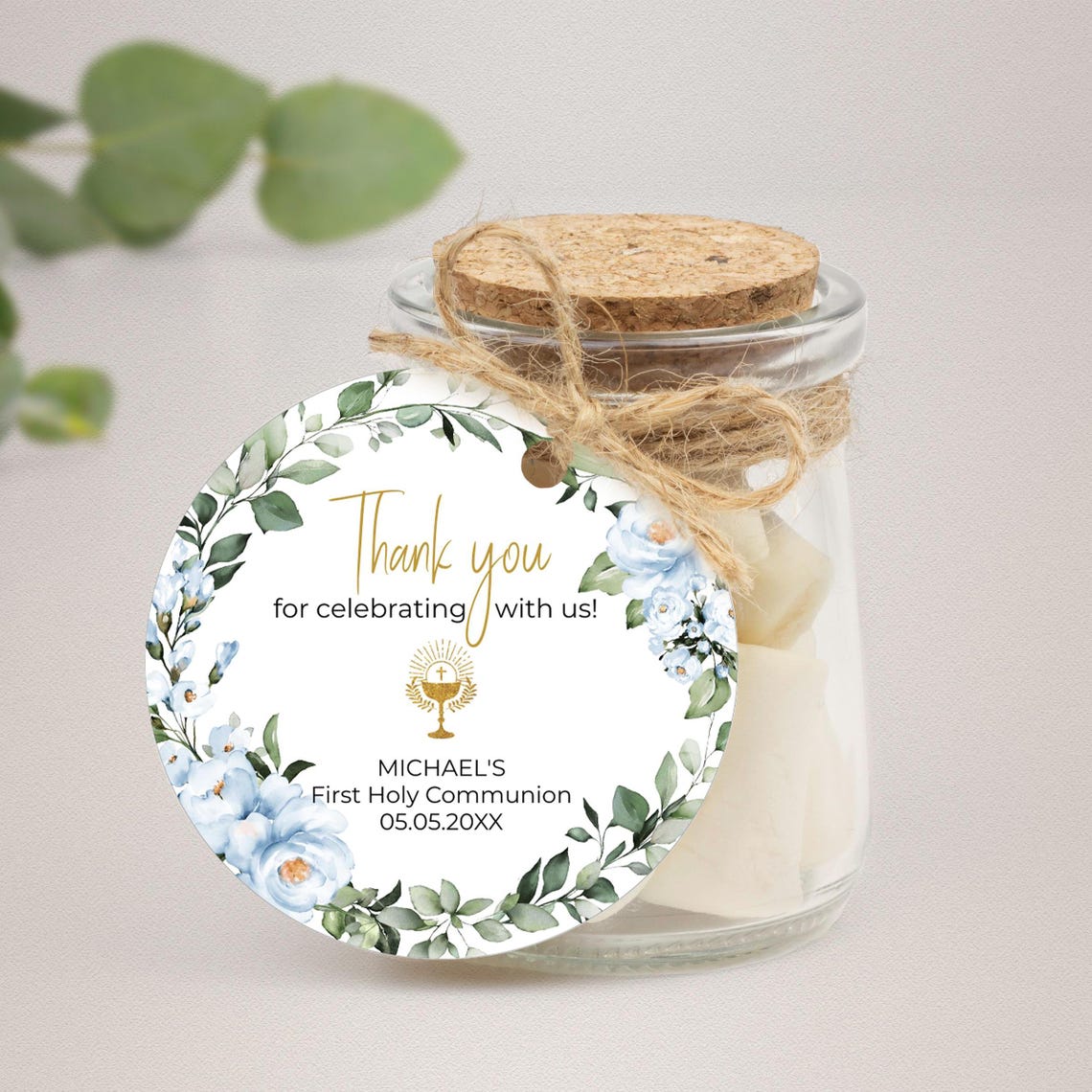 First Holy Communion Favor Tag Template With Blue Roses, Thank You ...