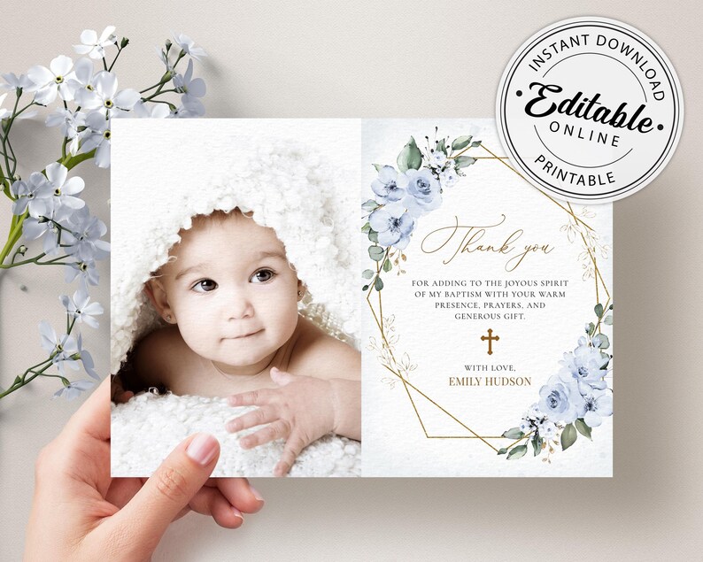Baptism Thank You Card Template With Blue Roses Thank You - Etsy