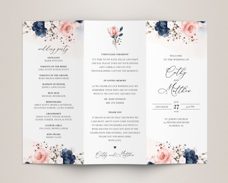 Trifold Wedding Program Template With Navy Blue and Blush Pink Roses ...