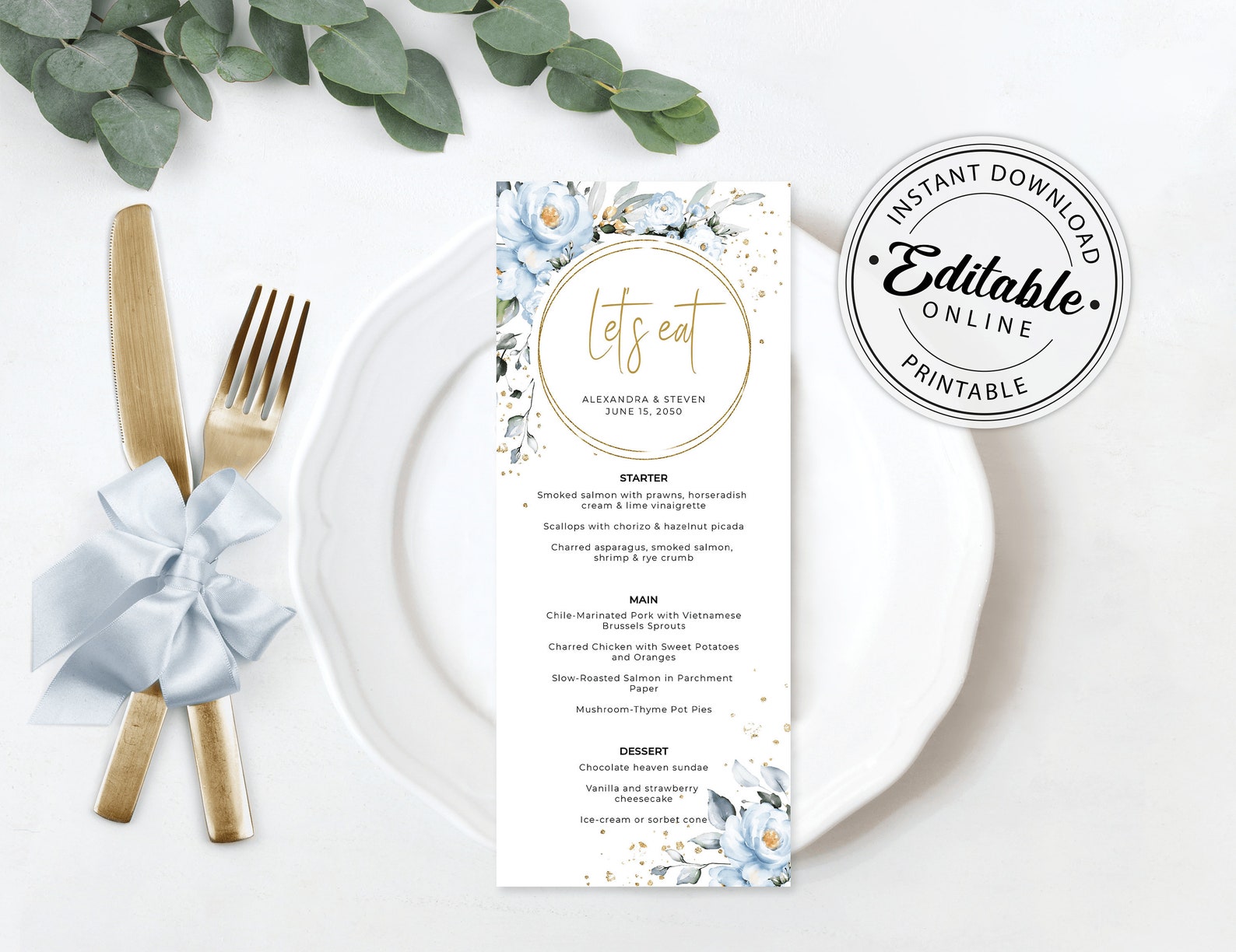 Blue Wedding Menu Template wedding Bridal Shower Dinner | Etsy