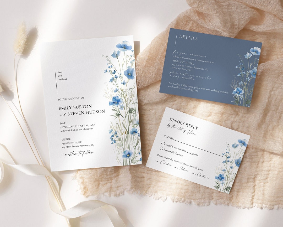 Blue Wildflowers Wedding Invitation Suite Template, Wedding Invite Set ...