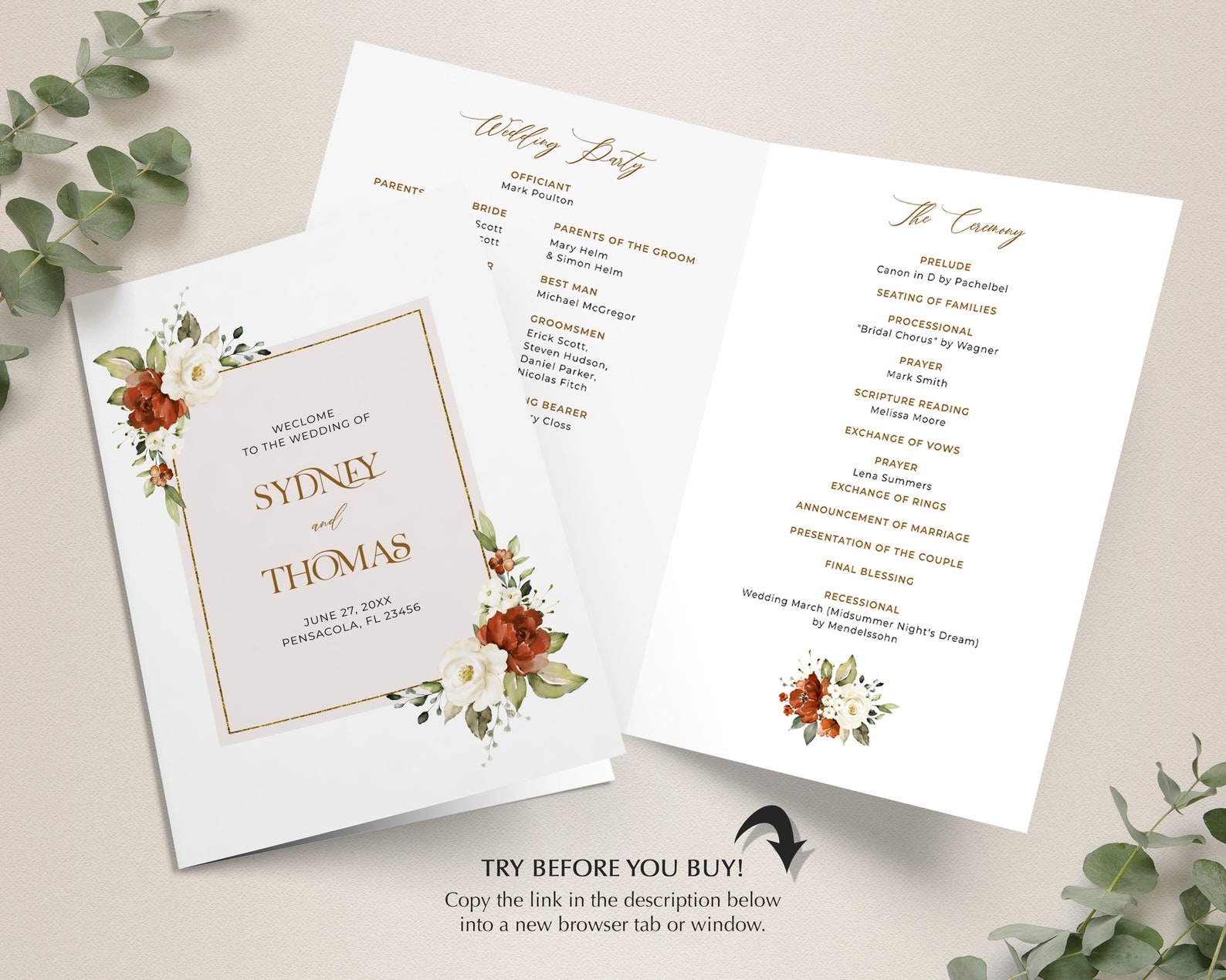Terracotta and Ivory Roses Bi-fold Wedding Program Template (digital ...
