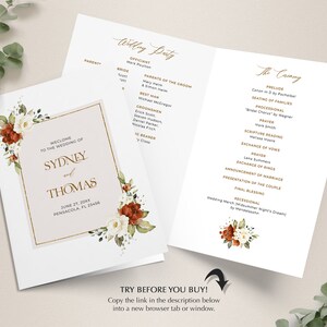 Bi-fold Wedding Program Template With Terracotta and Ivory Roses, Order of Service • INSTANT ...