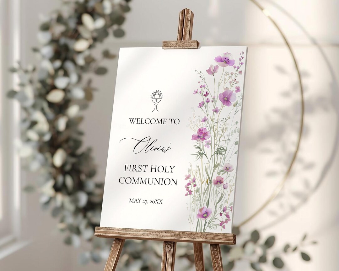 First Holy Communion Welcome Sign Template With Pink Wildflowers ...