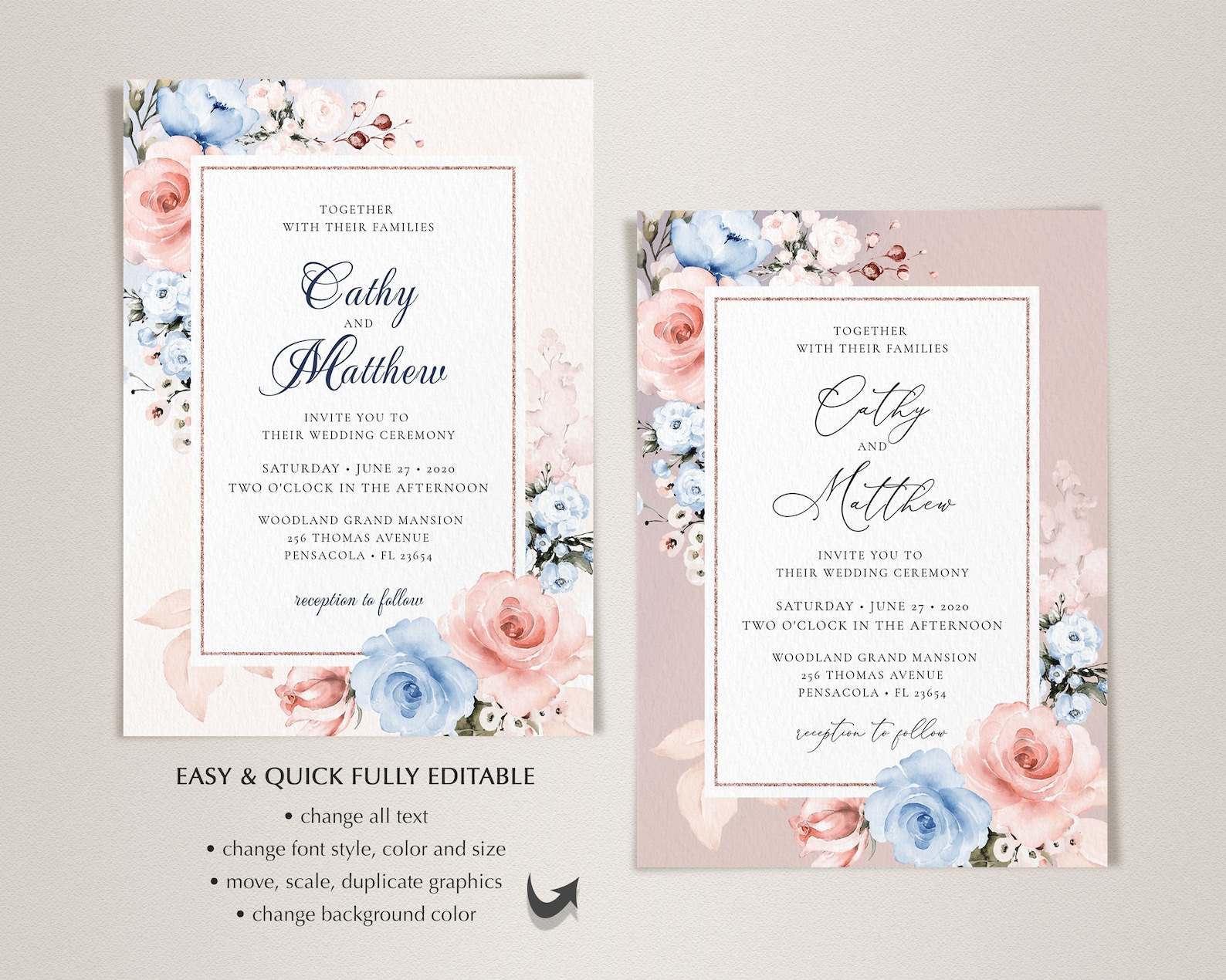Blue and Blush Pink Wedding Invitation Template Set, Wedding Invite ...