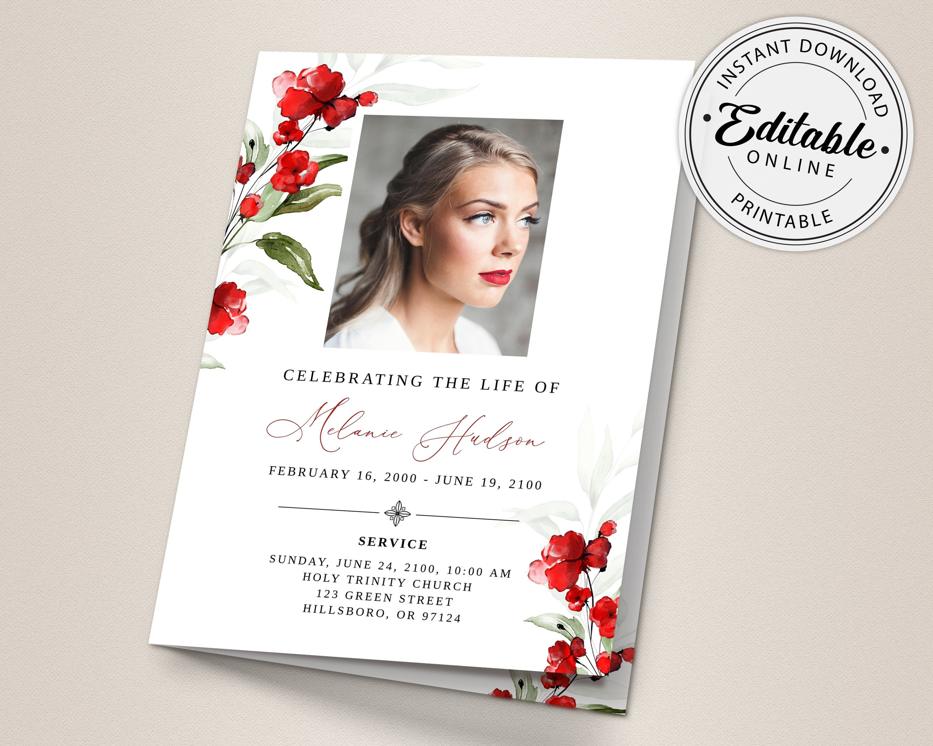 Printable Red Floral Funeral Program Template Memorial - Etsy Canada
