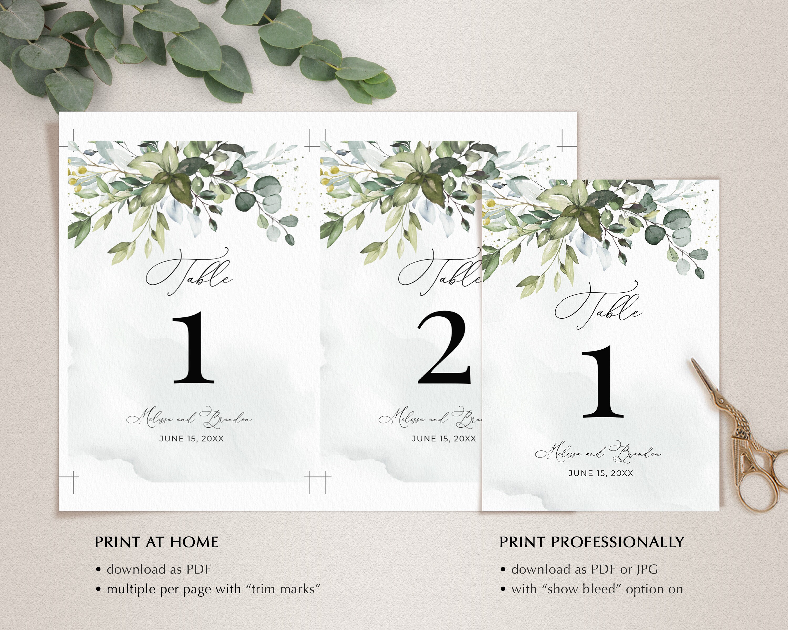 Greenery Wedding Table Numbers Template • INSTANT DOWNLOAD • Editable ...