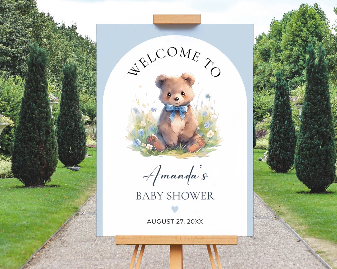 Baby Shower Welcome Sign Template With Cute Baby Bear Blue - Etsy
