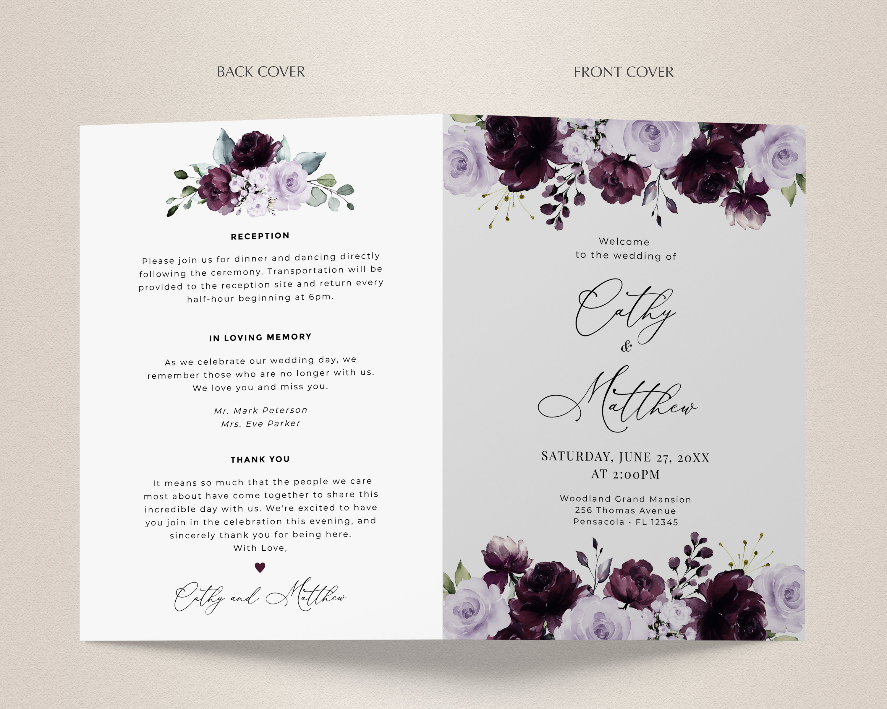 Folded Wedding Program Template With Purple Roses Wedding | Etsy
