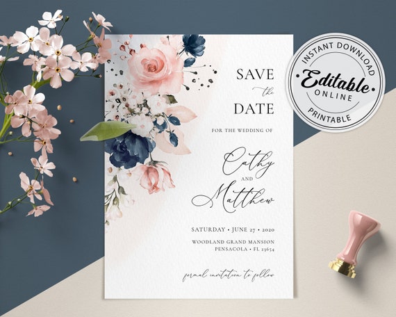 Navy Blue and Blush Pink Save the Date Template Floral Save - Etsy