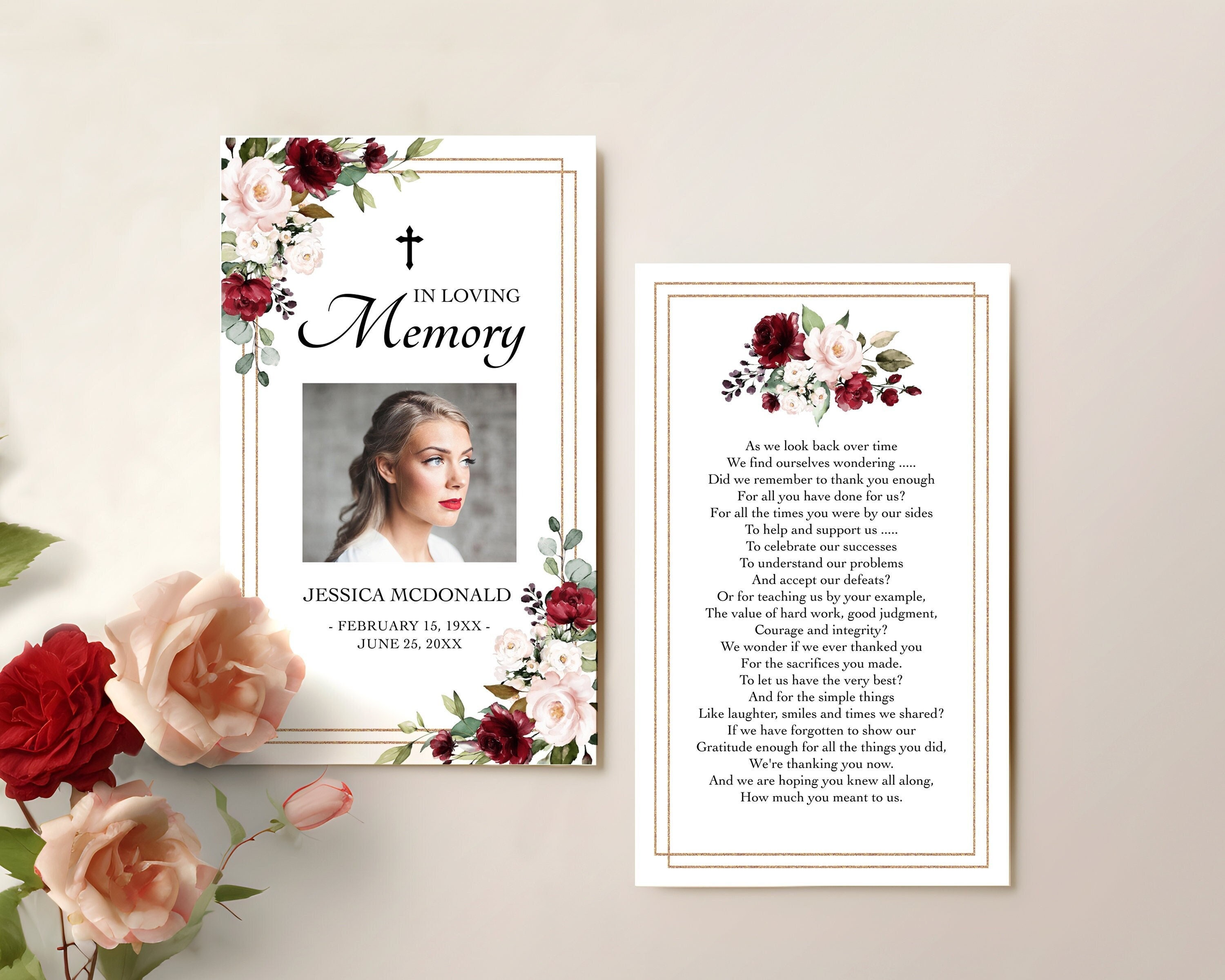 Burgundy Floral Funeral Prayer Card Template (instant Download) - Etsy