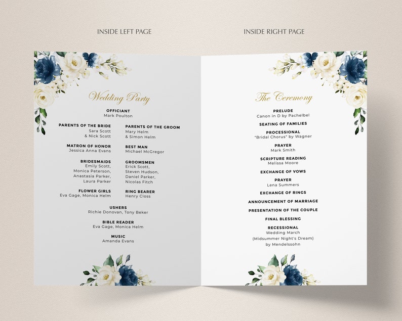 Bi-fold Wedding Program Template With Ivory and Blue Roses - Etsy