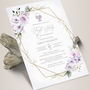 Lavender First Holy Communion Invitation Template • INSTANT DOWNLOAD ...
