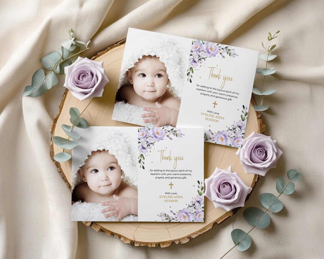 Baptism Thank You Card Template With Lavender Roses, Thank You Note ...