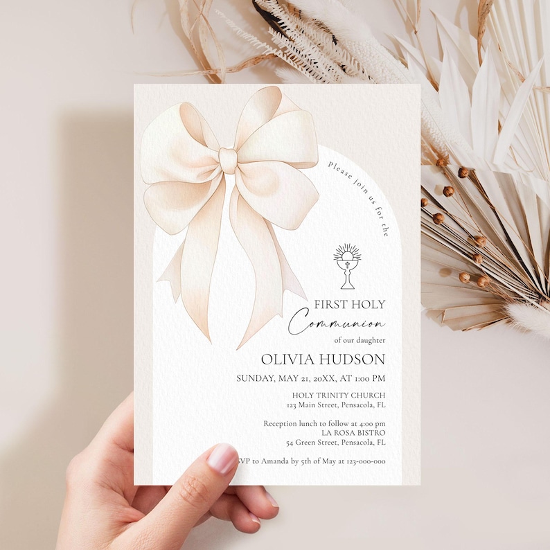 Beige Bow First Holy Communion Invitation Template • INSTANT DOWNLOAD ...