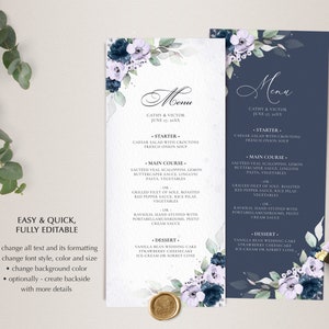 Navy Blue and Lavender Menu Template (wedding, Bridal Shower, Dinner ...
